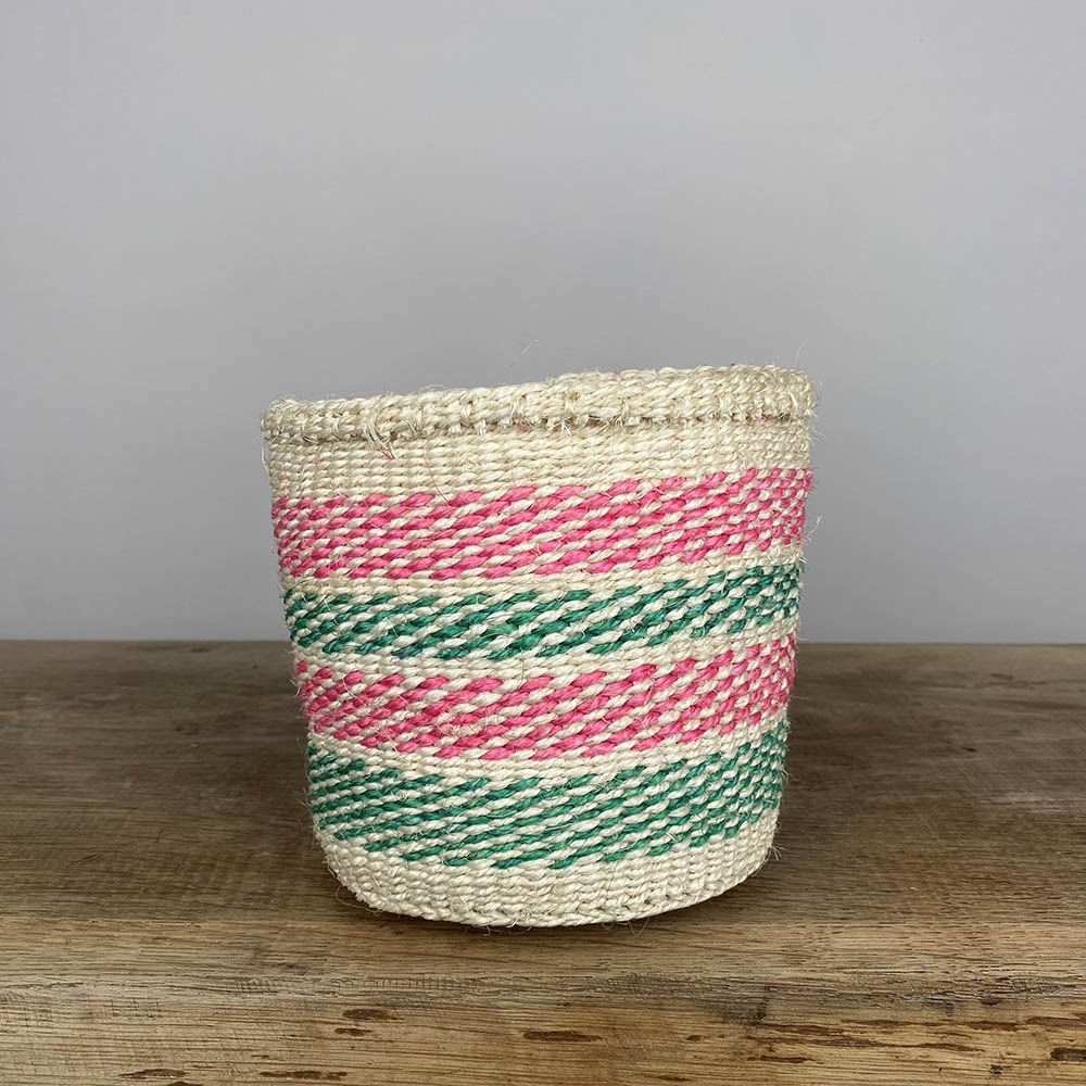 Alama Pink & Green Weaved Straw Basket (D15cm x H14cm) Indoor Pot Plant ...