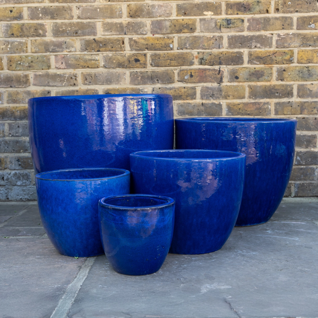 Glazed Terracotta Egg Pot Blue Planter (D60cm x H52cm) Handmade Outdoor ...