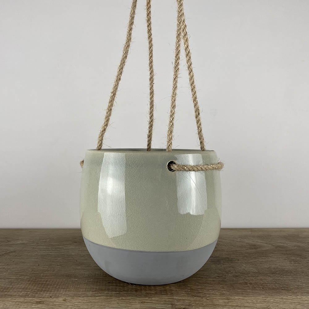Resa Grey Ceramic & Hemp (D13.5cm x H16.5cm) Hanging Indoor Plant Pot ...