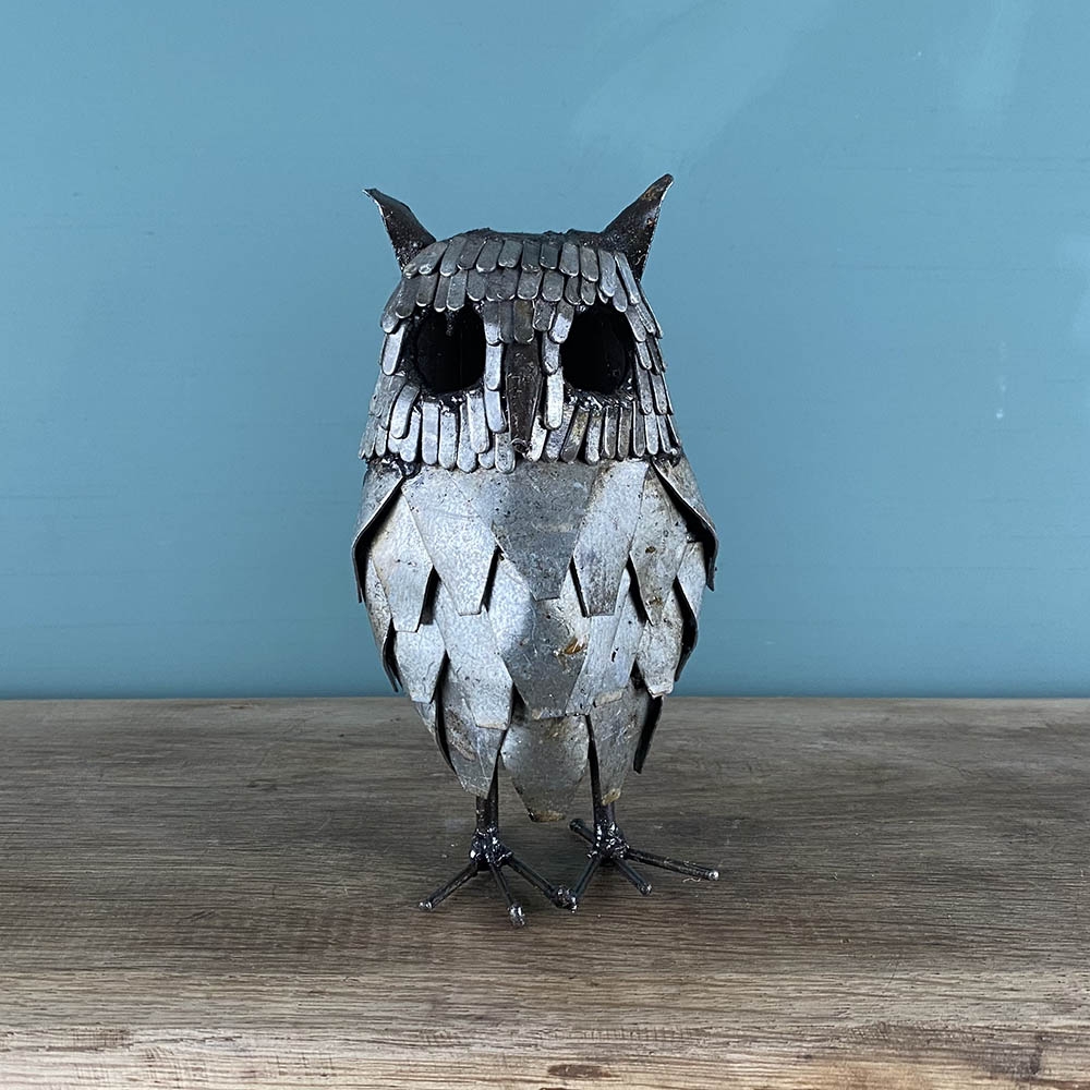 Small Silver Owl Sculpture L10cm x W10cm x H15cm - The Boma Garden Centre