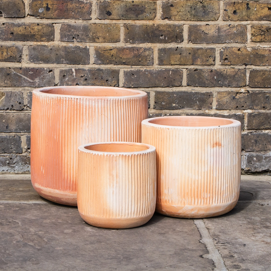 Whitewash Terracotta Cylinder Rib Planter (D30cm x H30cm) Handmade ...